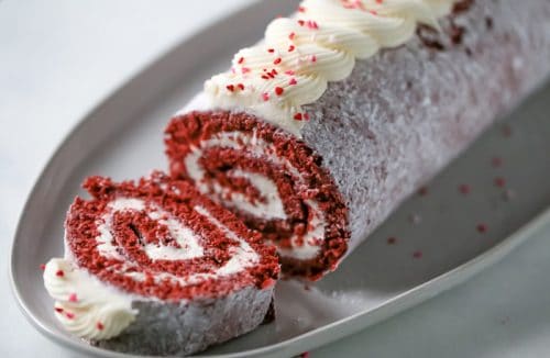 Classic Red Velvet Roll Cake with Cream Cheese Frosting